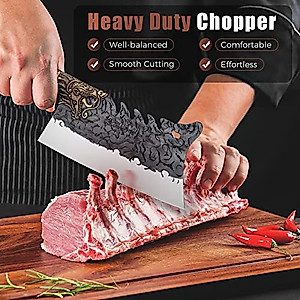 ROCOCO Cleaver Knife Meat Cutting Heavy Duty 8.6" Large Hand Forged Chinese Bone Vegetable Dragon Butcher Chopper Viking Cutter for Kitchen Outdoor with Sheath Father's Mother's Day Birthday Gift Men