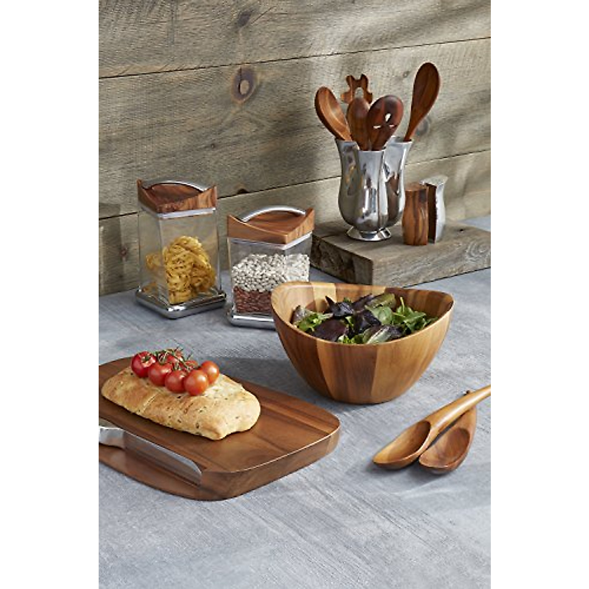 nambe Blend Bread Board with Knife | Made of Acacia Wood and Stainless Steel | Wooden Board with Serrated Knife for Cutting Fresh Bread | Designed by Neil Cohen