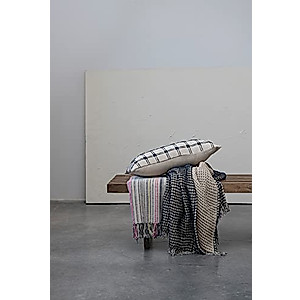 Creative Co-Op 2-Sided Cotton Waffle Weave Fringe, Natural and Navy Throw Blanket, Blue