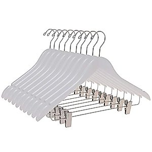 Quality Wooden Skirt Hangers with Clips, 10-Pack Smooth Solid Wood Pants Hangers with Durable Adjustable Metal Clips, Swivel Hook, Coat, Jacket, Blouse Suit Hangers (White, 10)