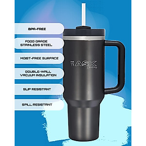 Ask HydroQuench 2.0 40oz /1183 ml Tumbler - Insulated Stainless Steel Travel Mug with reusable Straw, and Silicone Boot. (Black)