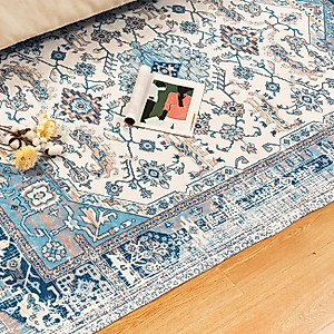 Area Rug 5x7 Washable Boho Vintage Rug with Non Slip Backing Soft Low-Pile Carpet Foldable Mat for Living Room Bedroom Dining Office, Light Blue/White