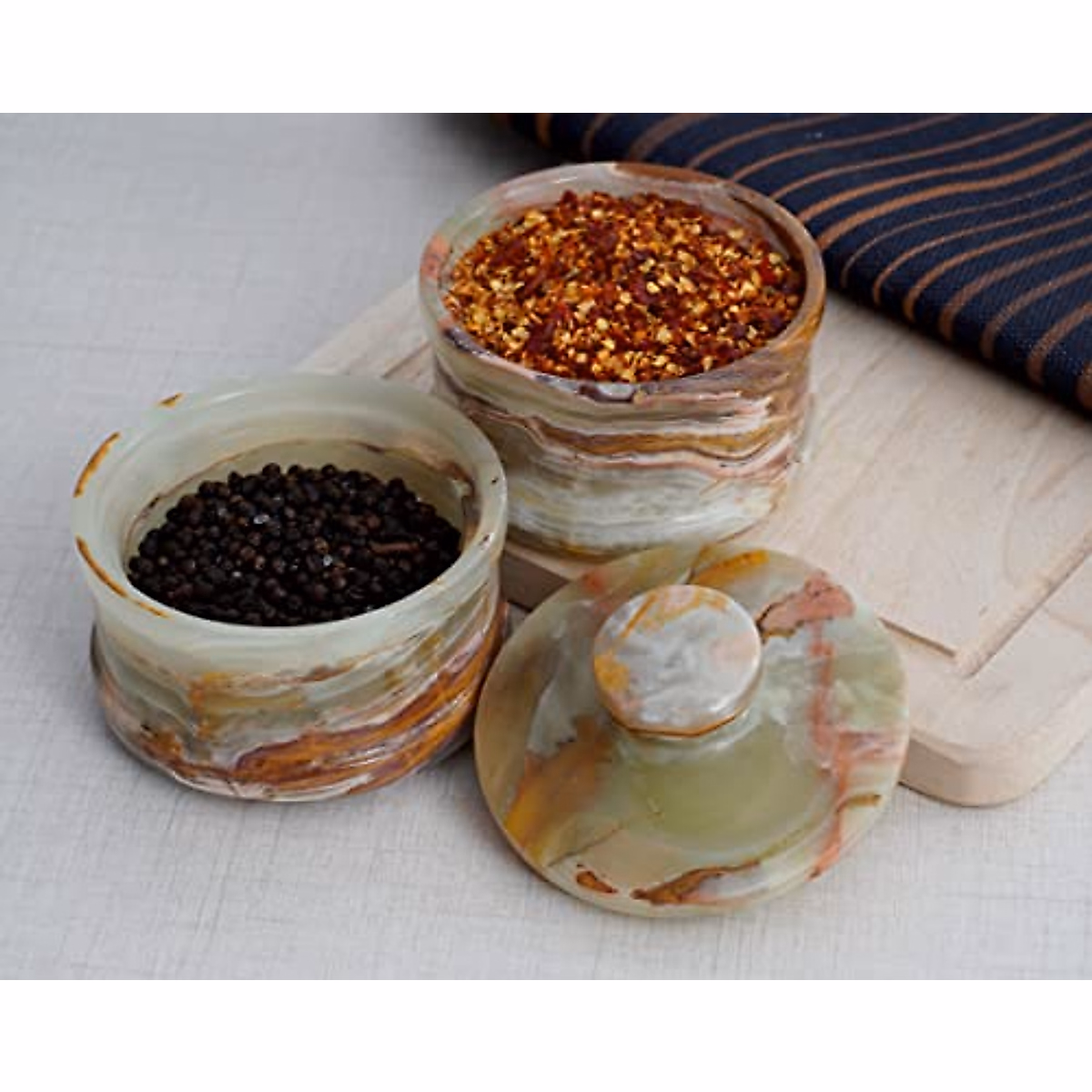 Radicaln Salt & Pepper Bowl – 5” Handmade Marble Green Onyx Dual Salt Cellar With Lid – 2” Each Brown Sugar Butter Keeper Spice Herbs Container Kitchen Accessories