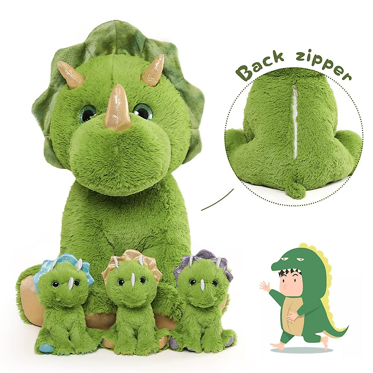 Muiteiur Triceratops Stuffed Animal Giant Dinosaur Stuffed Animal with 3 Little Baby Dinosaurs Green Triceratops Plush Toy Gift for Kids 24.5 inch