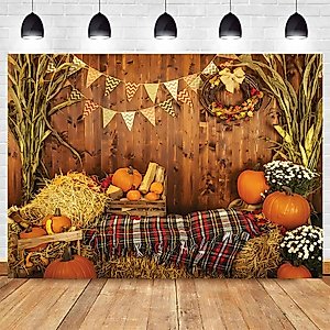 MAQTT 7x5FT Polyester Fall Thanksgiving Photo Backdrop Autumn Pumpkins Hay Maple Leaves Rustic Wooden Floor Barn Harvest Background Baby Birthday Wedding Holiday Party Banner Photography