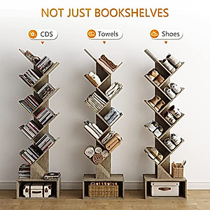 Tajsoon 9 Tier Tree Bookshelf with Drawer Bookcase, Floor Standing Book Storage Rack, Tall Bookshelf for CDs/Books/Movies, Bookshelf Organizer for Bedroom, Living Room, Home Office,Greige