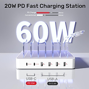Unitek Multi USB Charging Station - 6 Port USB C Charging Dock with 2 PD 20W, Multiple Devices Charging Station Organizer for iPad, iPhone, iWatch, Samsung, Tablets and More