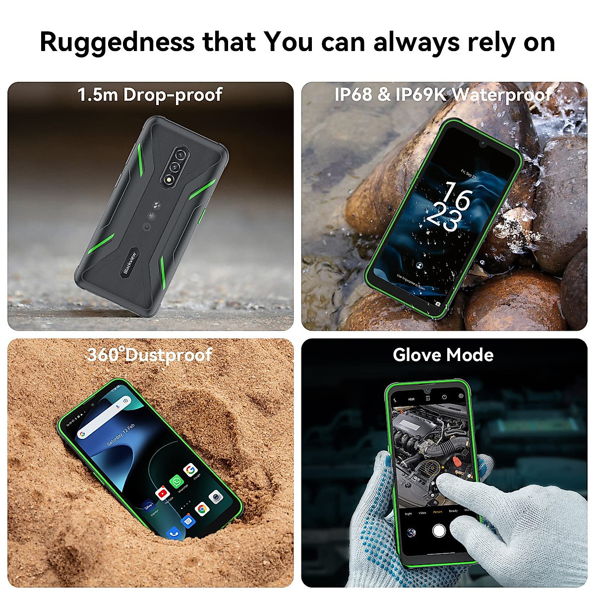 Blackview Rugged Phones Unlocked, BV5200 Unlocked Cell Phone, 7GB+32GB/1TB Expandable, Android 12 Smart Phone, IP68/IP69K Waterproof, 5180mAh Battery, 6.1" HD+13MP Camera, Face Unlock, NFC,Glove Mode