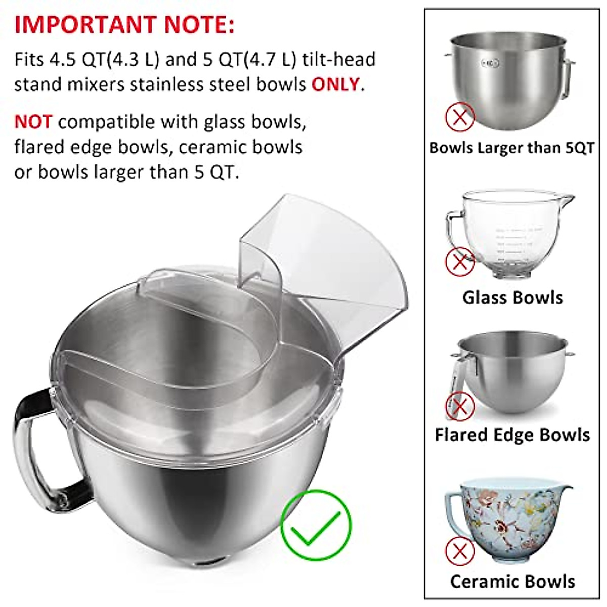 FIRJOY Pouring Shield for KitchenAid 4.5 and 5 Quart Stainless Steel Bowls ONLY - Secure Fit Splash Guard Accessory for KitchenAid Tilt-Head Stand Mixers (Clear)