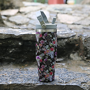 JIU HONG CHAO 30 oz Cow Skull flower Travel Tumbler with Straw Lid, Stainless Steel Floral Travel mug with Handle Insulated Cup West Mother's Day Gifts for Women Mom (Black Bullskull, 30 OZ)