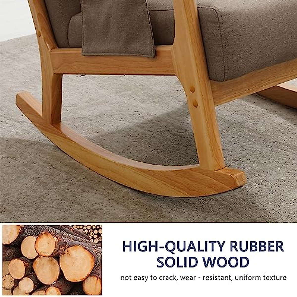 COCOLHOME Nursery Rocking Chair Linen Fabric Solid Wood Upholstered with High Backrest Side Pocket Modern Armchair Accent Rocker Glider Chair for Living Room,Bedroom(Brown)