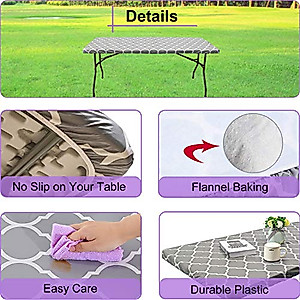 Vinyl Fitted Tablecloth for 6 ft Rectangle Table, Gray Moroccan Design, Waterproof Elastic Table Cover with Flannel Backed Lining, Fits 30"x72" Folding Table, for Outdoor Picnics/Travel/Holiday/Party