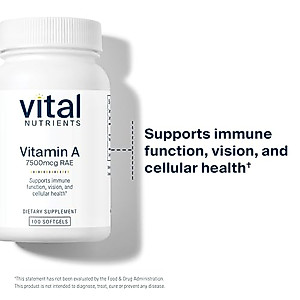 Vital Nutrients - Vitamin A (from Fish Liver Oil) - Supports Immune Function and Vision - 100 Softgels per Bottle - 7500 mcg RAE