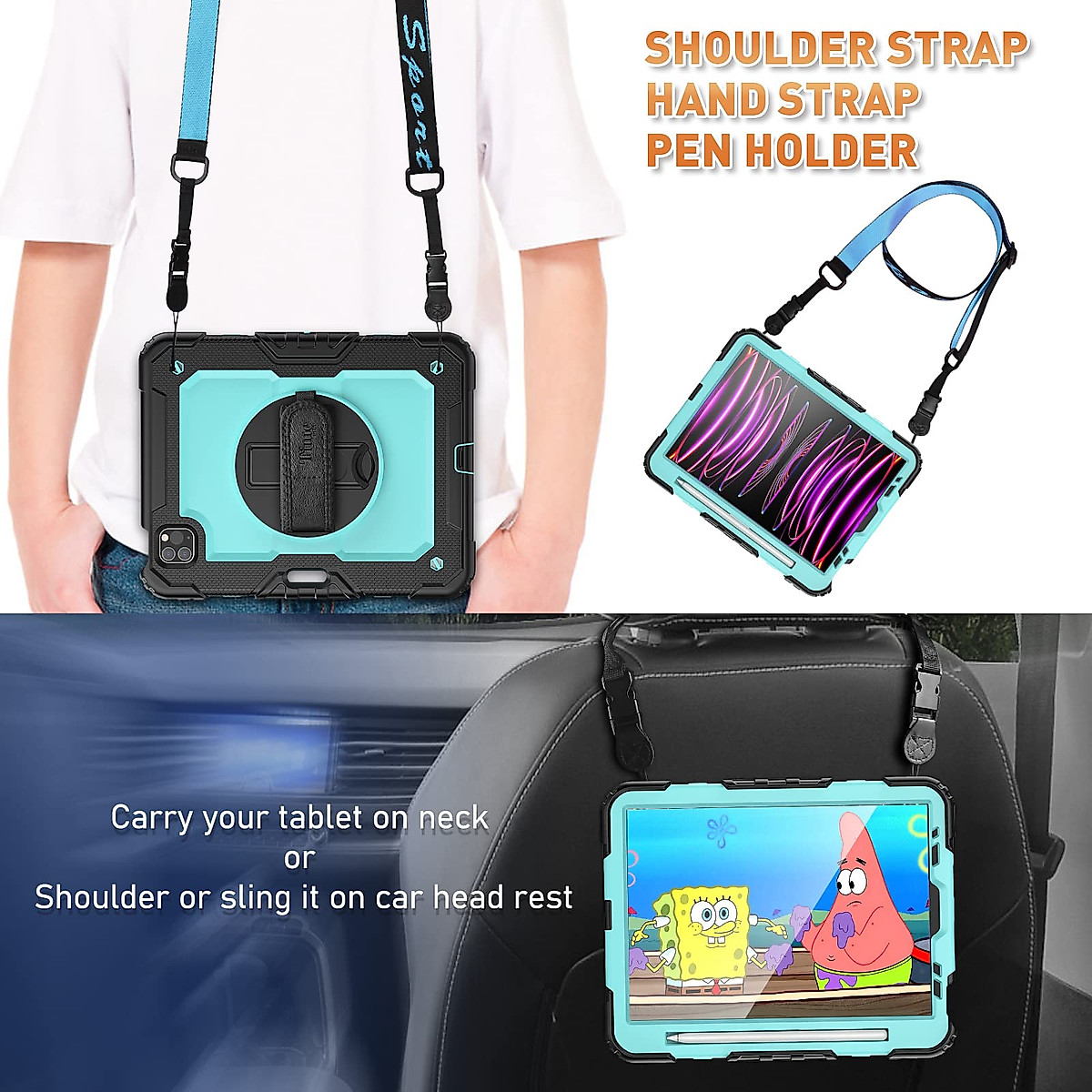 Timecity Case for iPad Pro 11 inch 2022/2021 (4th/ 3rd Generation), Shockproof Case with Screen Protector, Swivel Stand, Handle, Shoulder Strap, Pencil Holder Case for iPad Pro 11 Inch- Light Blue