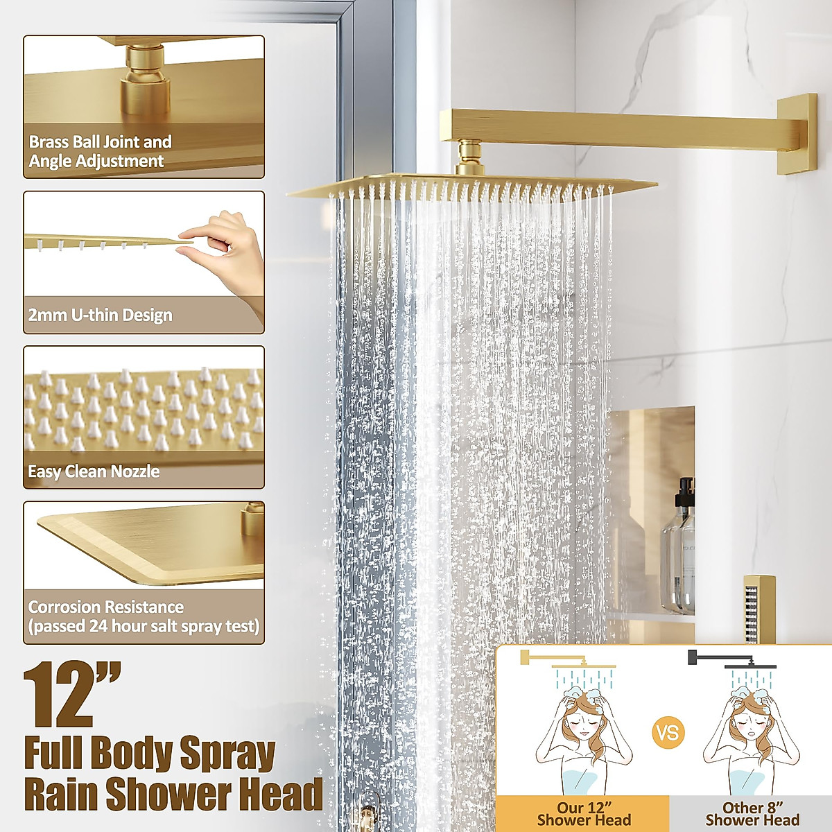 ESNBIA Shower System, Bathroom 12 Inches Rain Shower Head with Handheld Combo Set, Wall Mounted High Pressure Rainfall Dual Shower Head System, Shower Faucet Set with Valve and trim, Brushed Gold