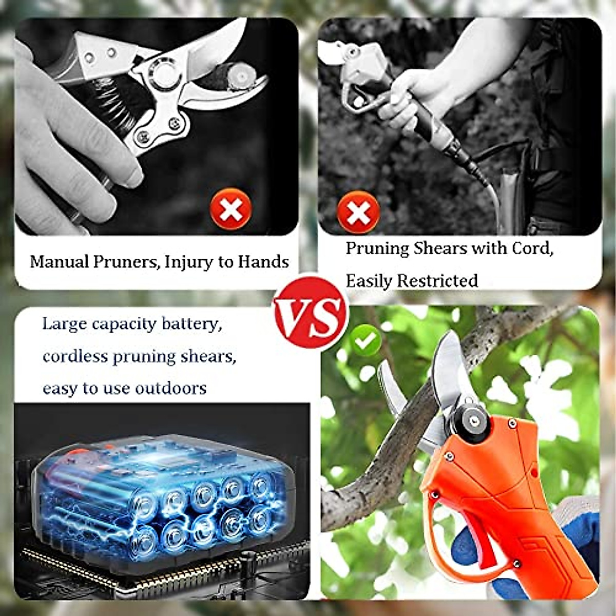 Vrseis Lithium Pruning Shears 21V Electric Secateurs SK5 Sharp Blade Branch Cutter 1 Inch/25mm Cutting Diameter with Toolbox Portable Rechargeable Garden Fruit Tree Bushes Trimmer