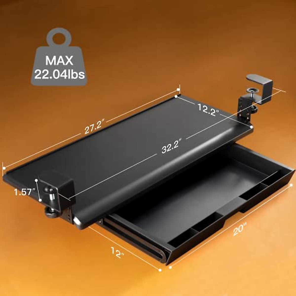 HUANUO Keyboard Tray, Pull Out Drawer Under Desk - Keyboard Tray Under Desk Slide, w/Storage Organizer, Computer Keyboard Stand w/Extra Sturdy C Clamp (32.28" Including Clamps)