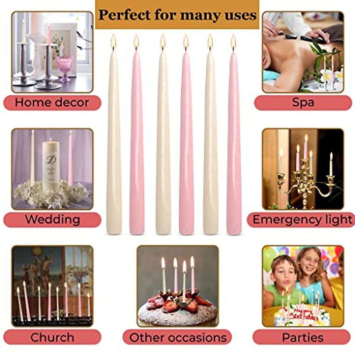 Princess 12 Pack Tall Taper Candles - 10 Inch 6 Ivory, 6 Pink Dripless, Unscented Tapered Candle - Paraffin Wax with Cotton Wicks - 7.5 Hour Burning time