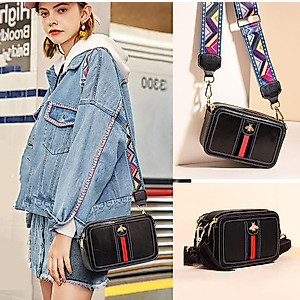 Beatfull Designer Bee Crossbody Purse for Women PU Leather Shoulder Handbag with Black-Red Strip Camera Clucth (Black)