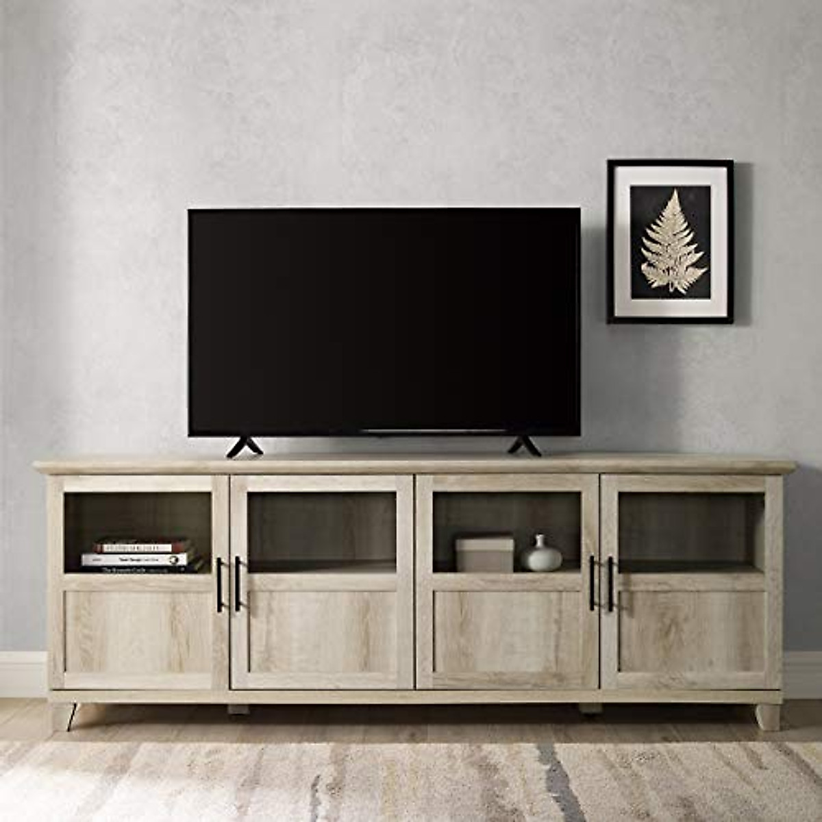 Walker Edison Farmhouse Glass and Wood TV Stand for TV's up to 80" Universal TV Stand for Flat Screen Living Room Storage Cabinets and Shelves Entertainment Center, 70 Inch, White Oak