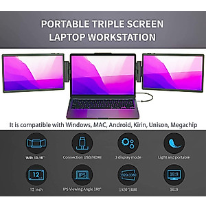 ZTGD Laptop Screen Extender,12'' Triple Portable Monitor Extender Workstation for 12-16" Laptop, FHD 1920 * 1080P IPS Dual Display with only 1 USB C Cable Connection to Windows/Mac