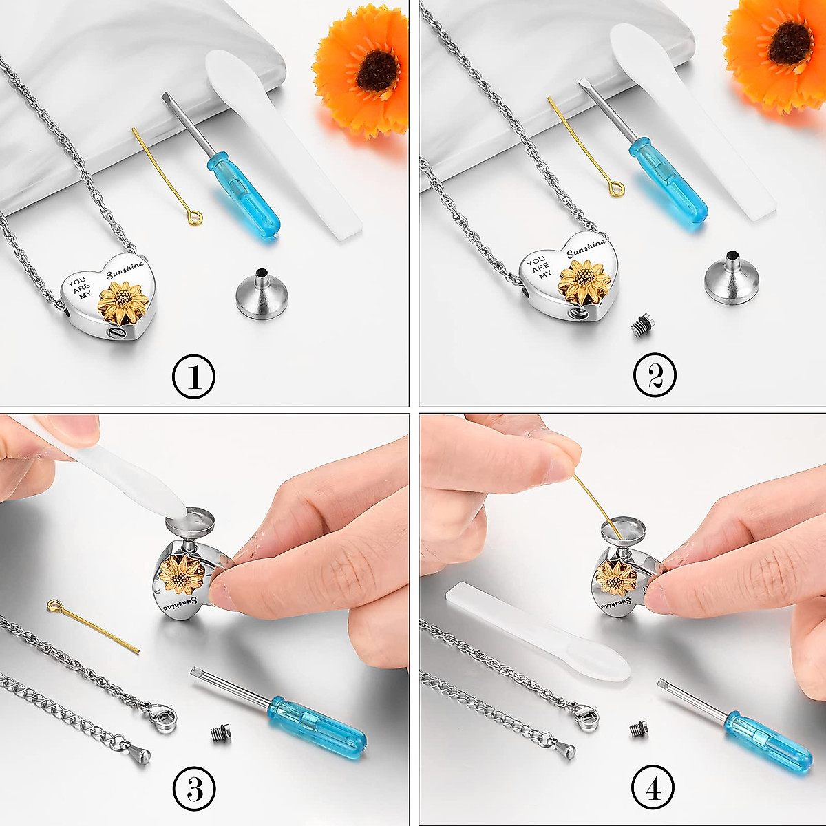 XIUDA Heart Ashes Necklace Urn Necklace with Sunflower You Are My Sunshine Cremation Necklace for Ashes Cremation Jewelry for Human Ashe Memorial Necklace with Flower