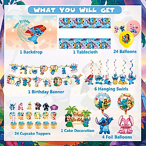 Stitch Birthday Decorations, Stitch Party Supplies Include Banner, Ballons, Tablecloth, Backdrop, Cake Toppers, Hanging Swirls, Cute Lilo Party Decorations for Birthday Party