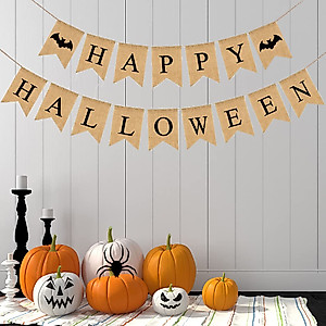 Happy Halloween Burlap Banner Decor, 16Pcs Linen Bunting Hanging Banner Ornaments Halloween Home Party Wall Decoration Supplies