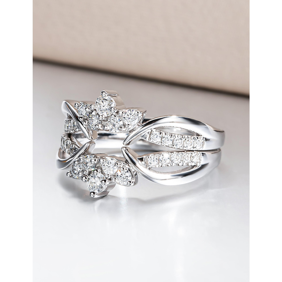 CannyCat Vine Moissanite Ring Enhancers 2 pieces Wrap Guard for Moissanite Engagement Anniversary Ring Platinum-Plated Silver Curved Eternity Wedding Bands for Women Stacking Rings (8)