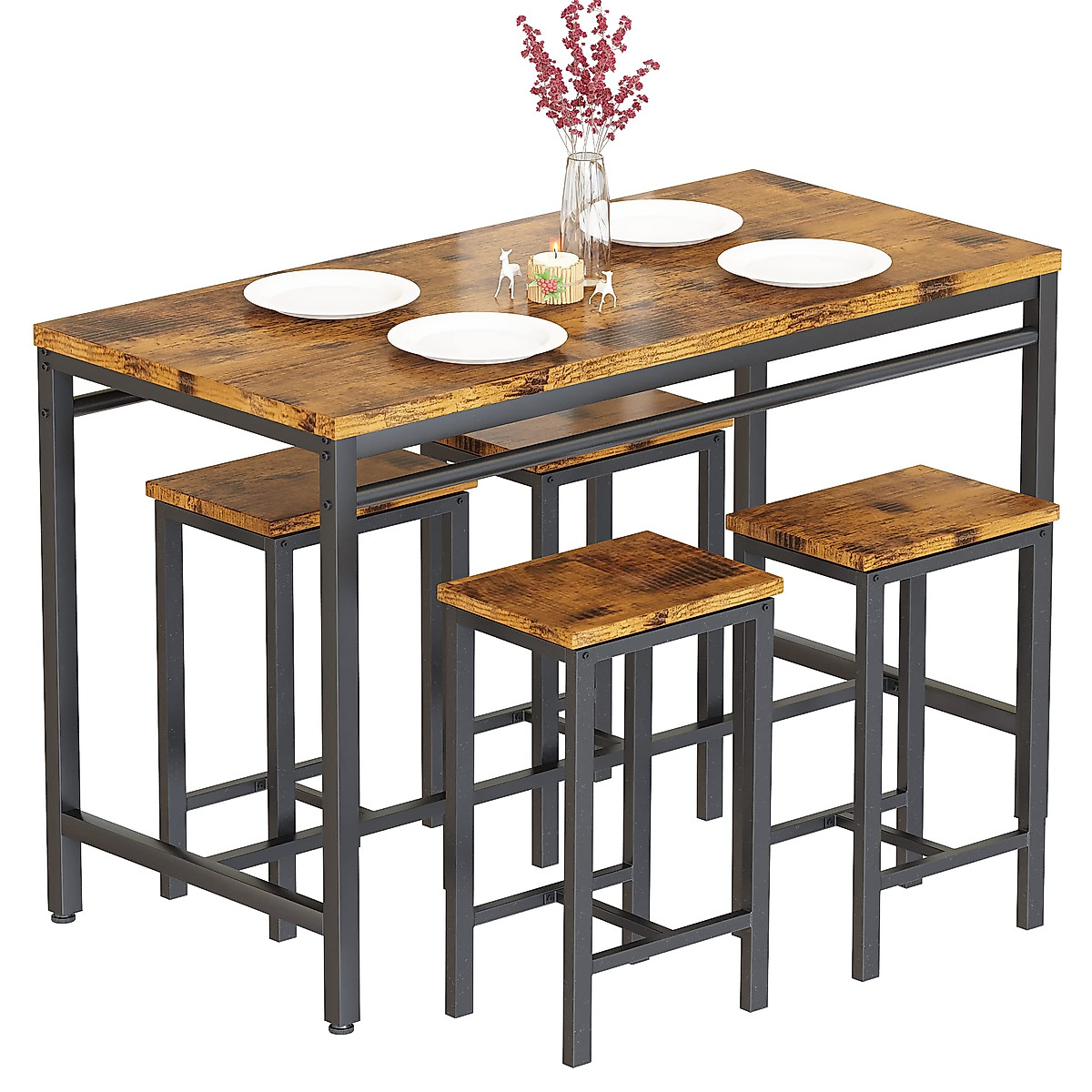 AWQM 5 Piece Bar Table Set, Modern Counter Height Dining Table and Chairs Set for 4, Wood Kitchen Table and 4 Bar Stools for Small Spaces, Apartment, Pub, Dining Room (Rustic Brown)