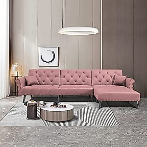 KoiHome Right Hand Facing Sectional Sofa with Velvet Button Tufted, L Shape Chaise with Nail Head Detail, Conical Wood Leg, 2 Pillows, Modern & Elegant, Home Furniture for Living Room,Office, Pink