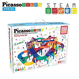 PicassoTiles 150 Piece Race Car Track Building Block Educational Toy Set Magnet Tile Magnetic Blocks Playset 4 Cars Early STEM Learning Construction Kit Hand-Eye Fine Motor Skill Brain Training PTR150