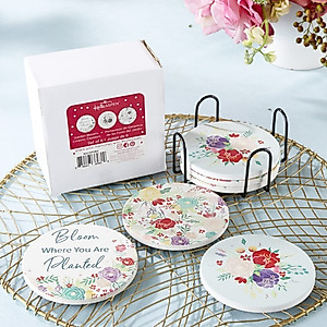 Kate Aspen Garden Blooms Ceramic Drink Coasters with Holder (Set of 6), Boho Home Decor & Gift Set, Party Favor, Take Home Gift, Housewarming Gift