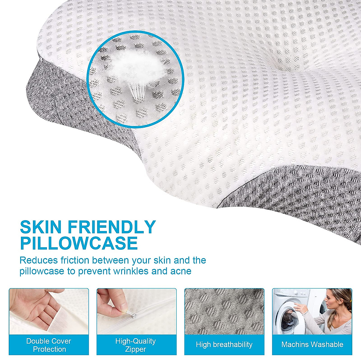 NPET Cervical Pillow for Neck Pain Relief, Hollow Design Ergonomic Memory Foam Pillow with Skin-Friendly Pillowcase, Adjustable Cervical Support for Side Back Stomach Sleepers