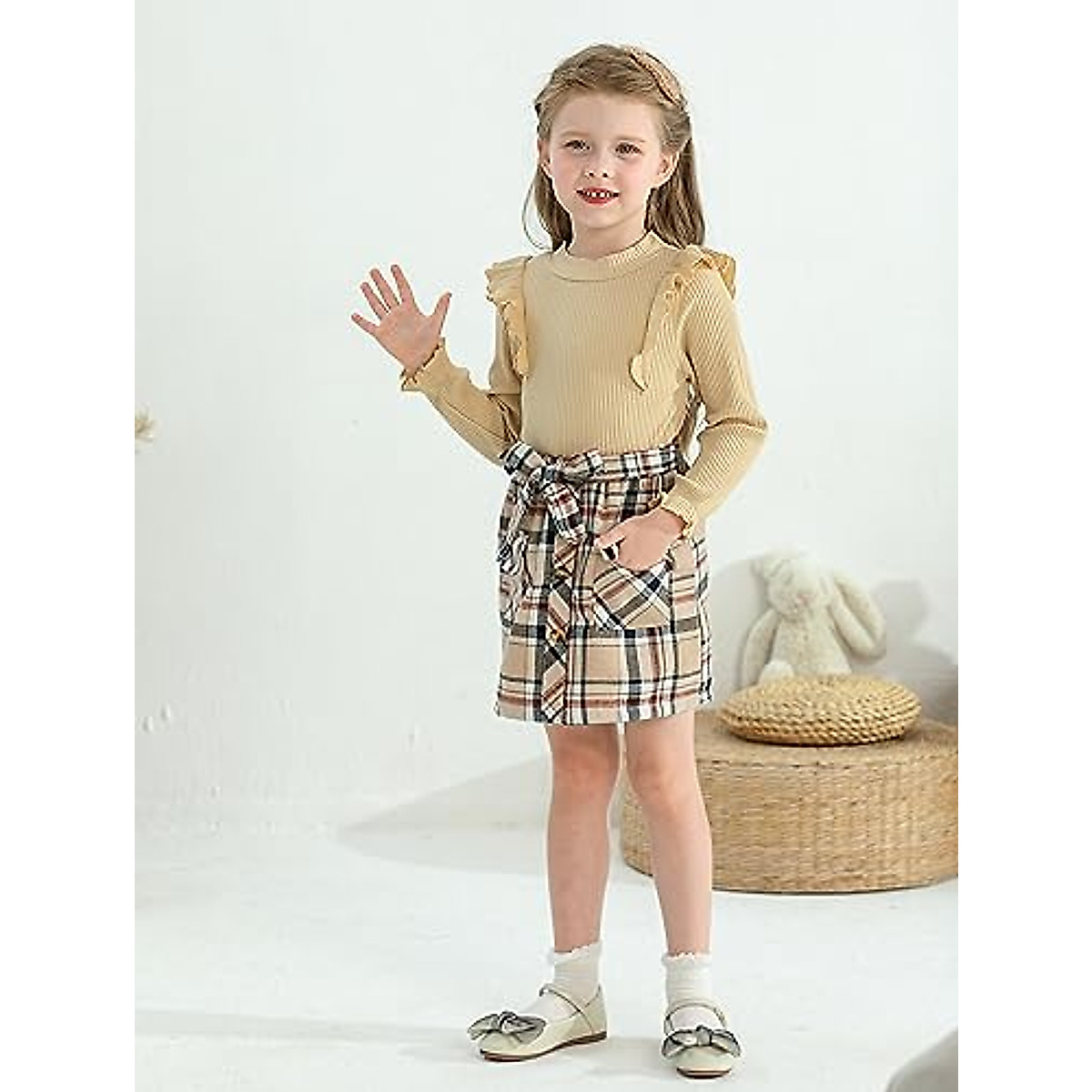 Weixinbuy 4t Girl Clothes Toddler Girl Clothes Fall Outfits Long Sleeve Turtleneck Knitted Sweater Top Plaid Mini Skirts Set Khaki 4-5T
