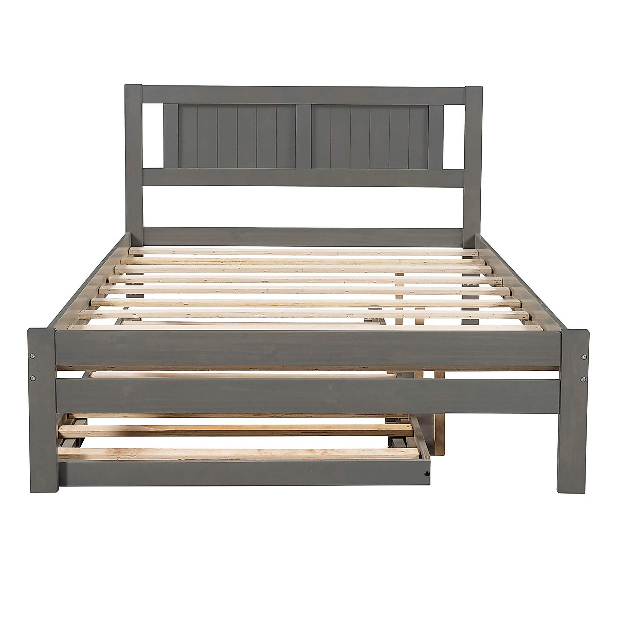 Harper & Bright Designs Full Size Platform Bed with Adjustable Trundle, Wooden Full Bed Frame with Headboard, No Box Spring Needed (Gray)