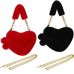 Saintrygo 2 Pcs Valentines Day Furry Purse Heart Shaped Purse Women Soft Fluffy Faux Fur Handbag Gift for Christmas(Red, Black)