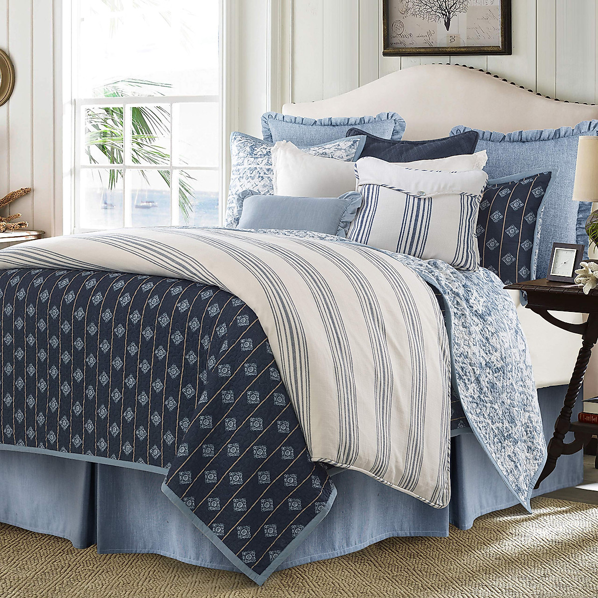 HiEnd Accents Skyler 3 Piece Quilt Set with Pillow Shams, Super Queen Size, Cotton Reversible Luxury Bedding, Blue Medallion Striped Coastal Style Bed Set, 1 Quilt and 2 Pillowcases