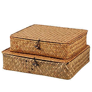 Flat Seagrass Storage Basket Bins with Lid - Set of 2 Wicker Baskets Bins Rectangular Woven Baskets Box Home Organizer Bins for Shelf Organizing, Large Size 13"x11"