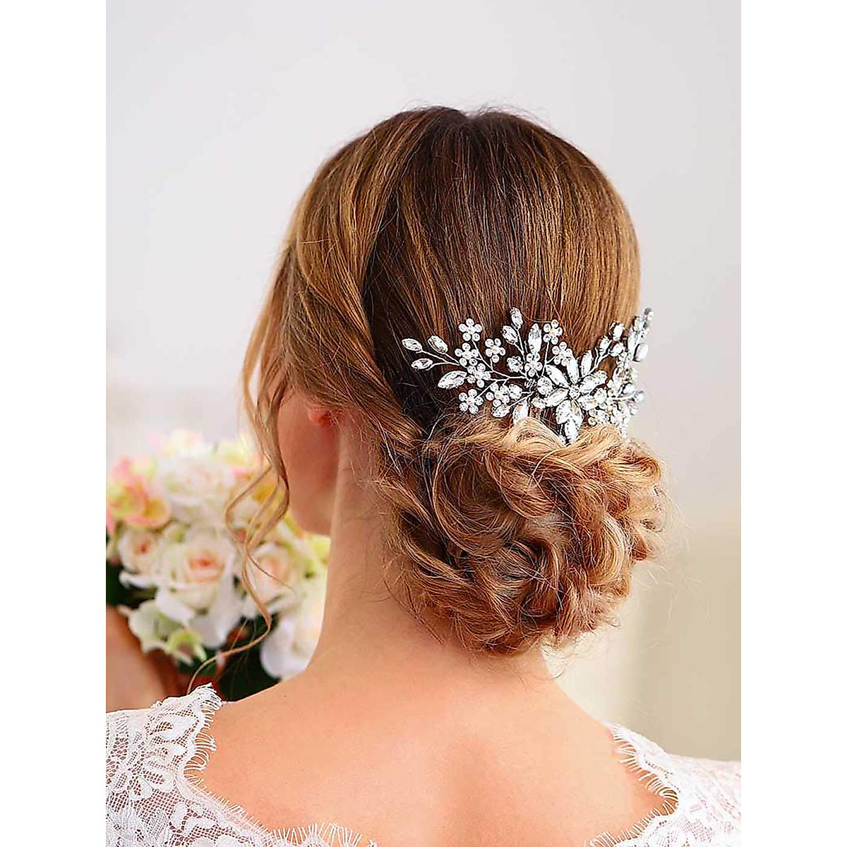 Unsutuo Crystal Bride Wedding Hair Comb Silver Rhinestone Flower Bridal Hair Pieces Pearl Wedding Hair Accessories for Women and Girls… (Silver)