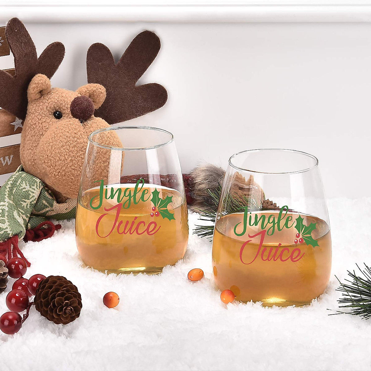 Jingle Juice Christmas Wine Glass, 15 Oz Funny Stemless Wine Glasses for Women Friends Men, Gift Idea for Christmas Wedding Party, Set of 2