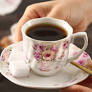 GuangYang （Tiny Size）Fine Porcelain Mini Espresso Turkish Cups and Saucers Set, 2 Ounces or 80cc,in Gift Box