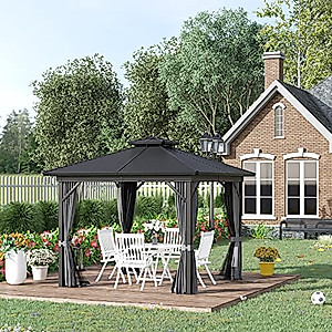 Outsunny 10' x 10' Hardtop Gazebo with Curtains and Netting, Permanent Pavilion Metal Double Roof Gazebo Canopy with Aluminum Frame and Hooks, for Garden, Patio, Backyard, Gray