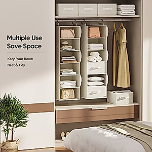 Pipishell Hanging Closet Organizer 6-Shelf, Hanging Shelves for Closet with 3 Removable Drawers & Side Pockets, Hanging Shelf Organizer for Bedroom or Garment Rack, 12'' x 12'' x 43.3'', White