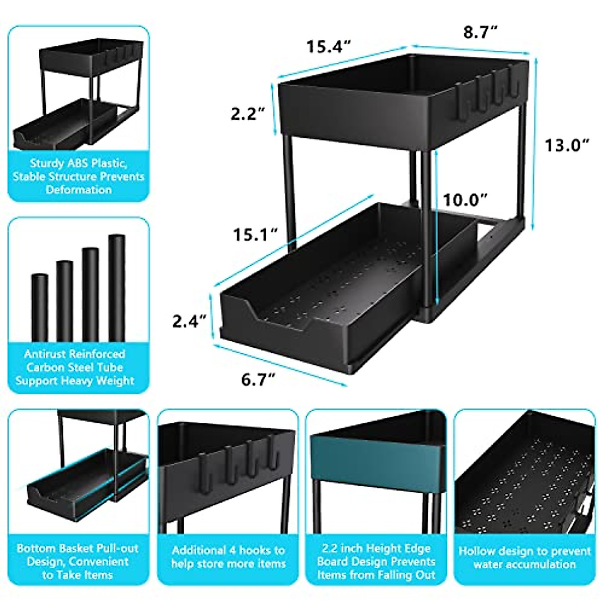 petisal 2-PACK Under Sink Organizers and Storage with Sliding Drawer，2-Tier Bathroom Under Sink Shelf Rack,Multi-Functional Cabinet Storage Space Saver For Kitchen/Bathroom/Bedroom/Office.