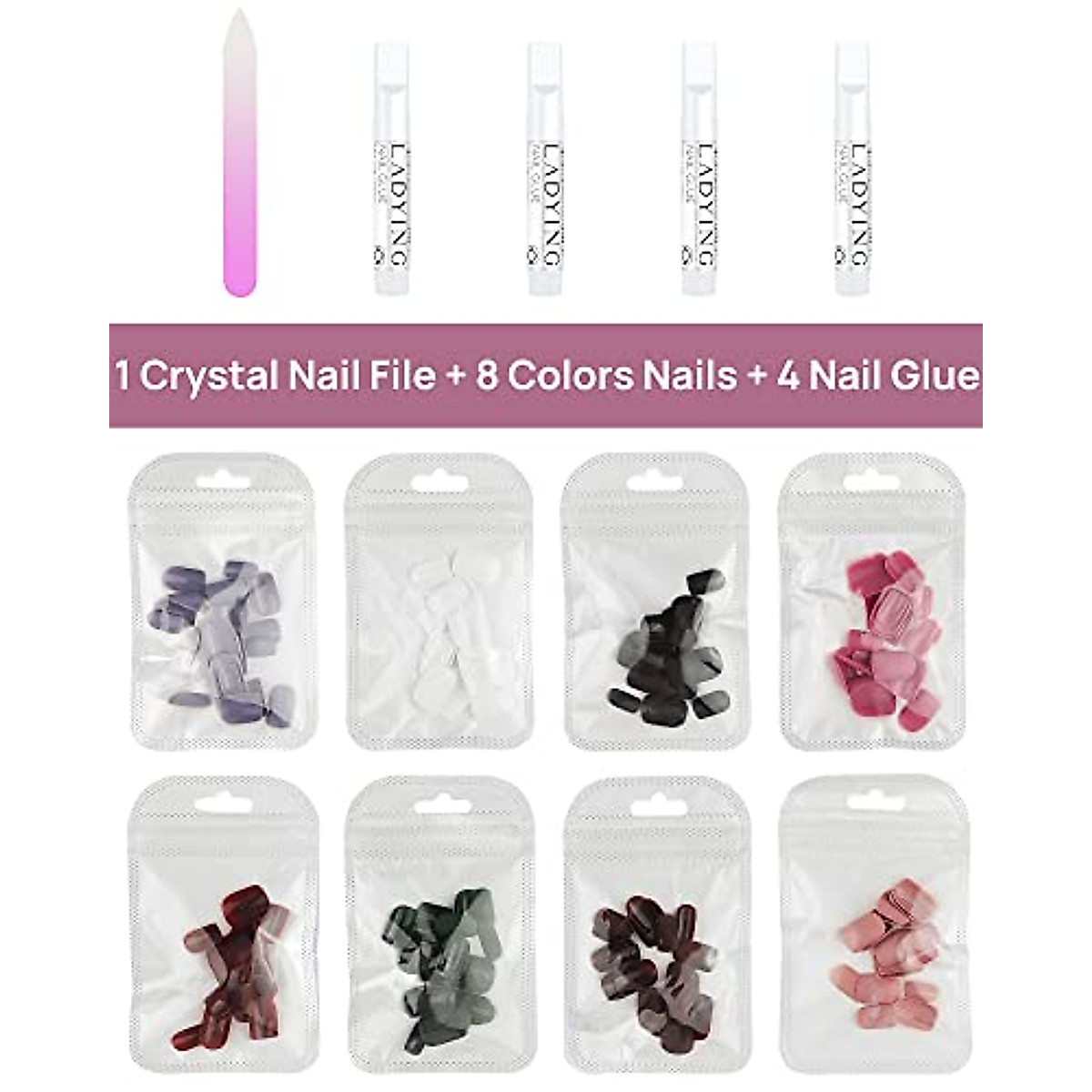 LADYING Matte Short Acrylic False Nails for Women, Stick Glue on/ Press on Nails Set with Glue Nail File, Nail Art Salon Ballerina French Fake Tips, 8 Packs (192 PCS)