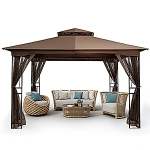 HAPPATIO 10' X 12' Outdoor Patio Gazebo, Outdoor Canopy Gazebo for Garden,Yard,Patio with Ventilation Double Roof with Mosquito Netting,Dark Brown