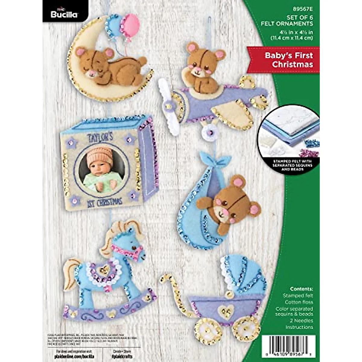 Bucilla Felt Applique 6 Piece Ornament Making Kit, Baby's First Christmas, Perfect for DIY Arts and Crafts, 89567E