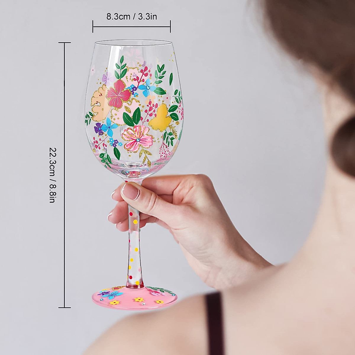 NymphFable Hand Painted Wildflowers Wine Glasses Birthday Wine Glass Birthday Gift for Women with Personalised Gift Box, 15oz