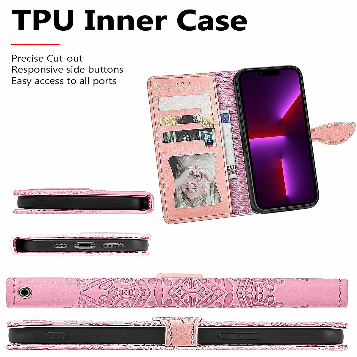 ONV Wallet Case Compatible with Samsung Galaxy S9 Plus -1.5M Adjustable Strap Emboss Feather Flip Phone Case Card Slot Magnet Leather Shell Flip Stand Cover for Samsung Galaxy S9 Plus [MZY] -Pink